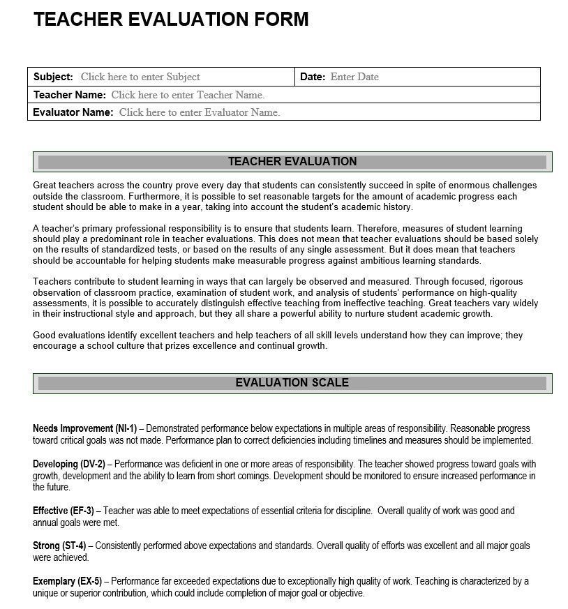 Teacher Evaluation Form | Assessment of Teacher Effectiveness